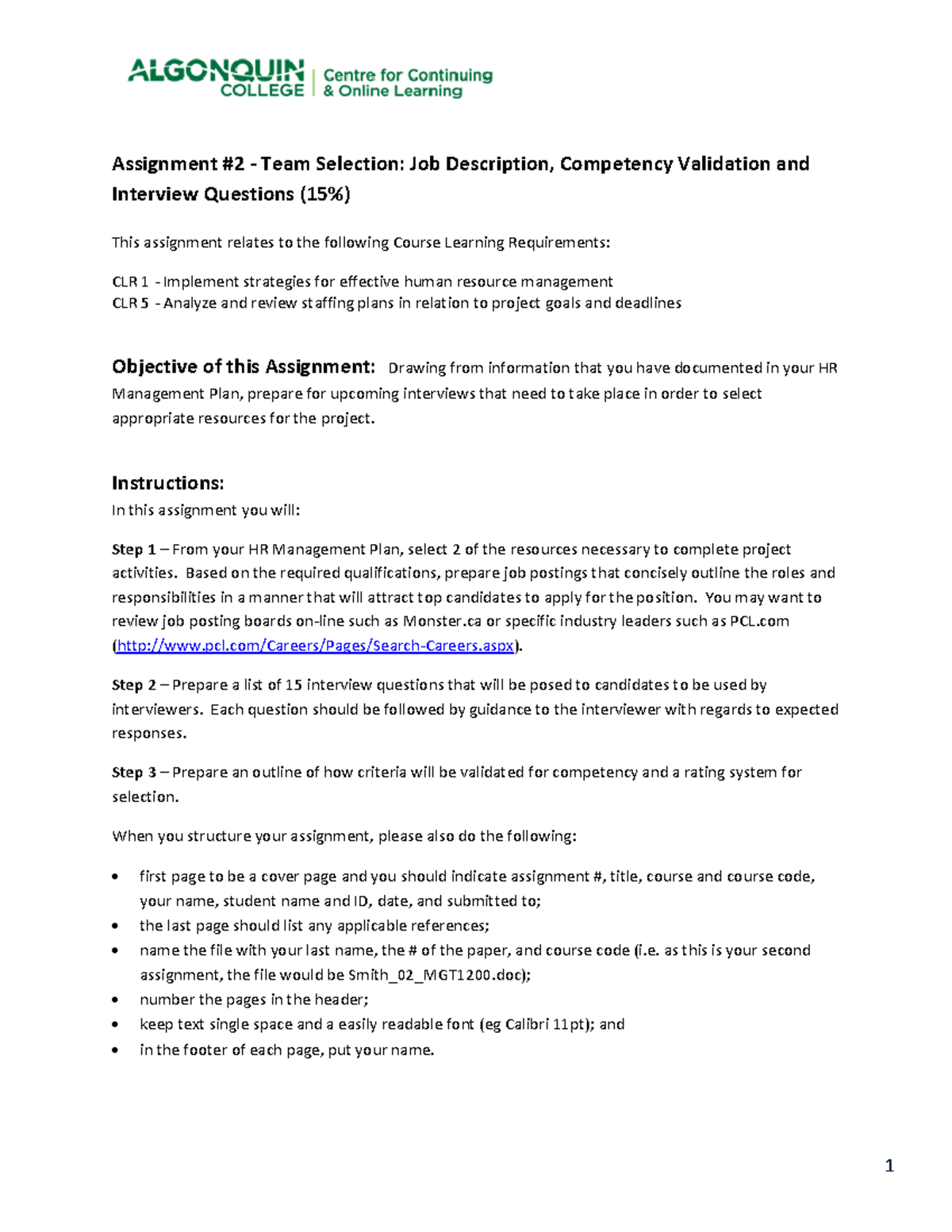 Assignment 2 - Instructions - Assignment #2 - Team Selection: Job Description, Competency ...