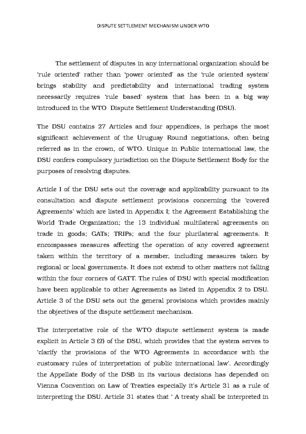 WTO Dispute Settlement Mechanism - DISPUTE SETTLEMENT MECHANISM UNDER ...