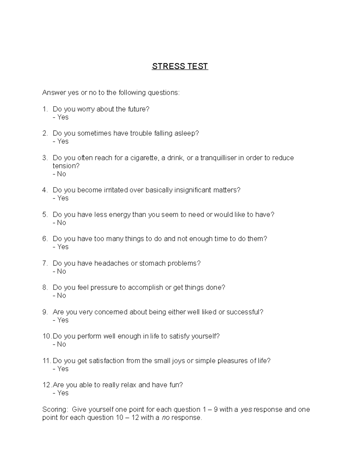 UTS Stress Management Activity - STRESS TEST Answer yes or no to the ...