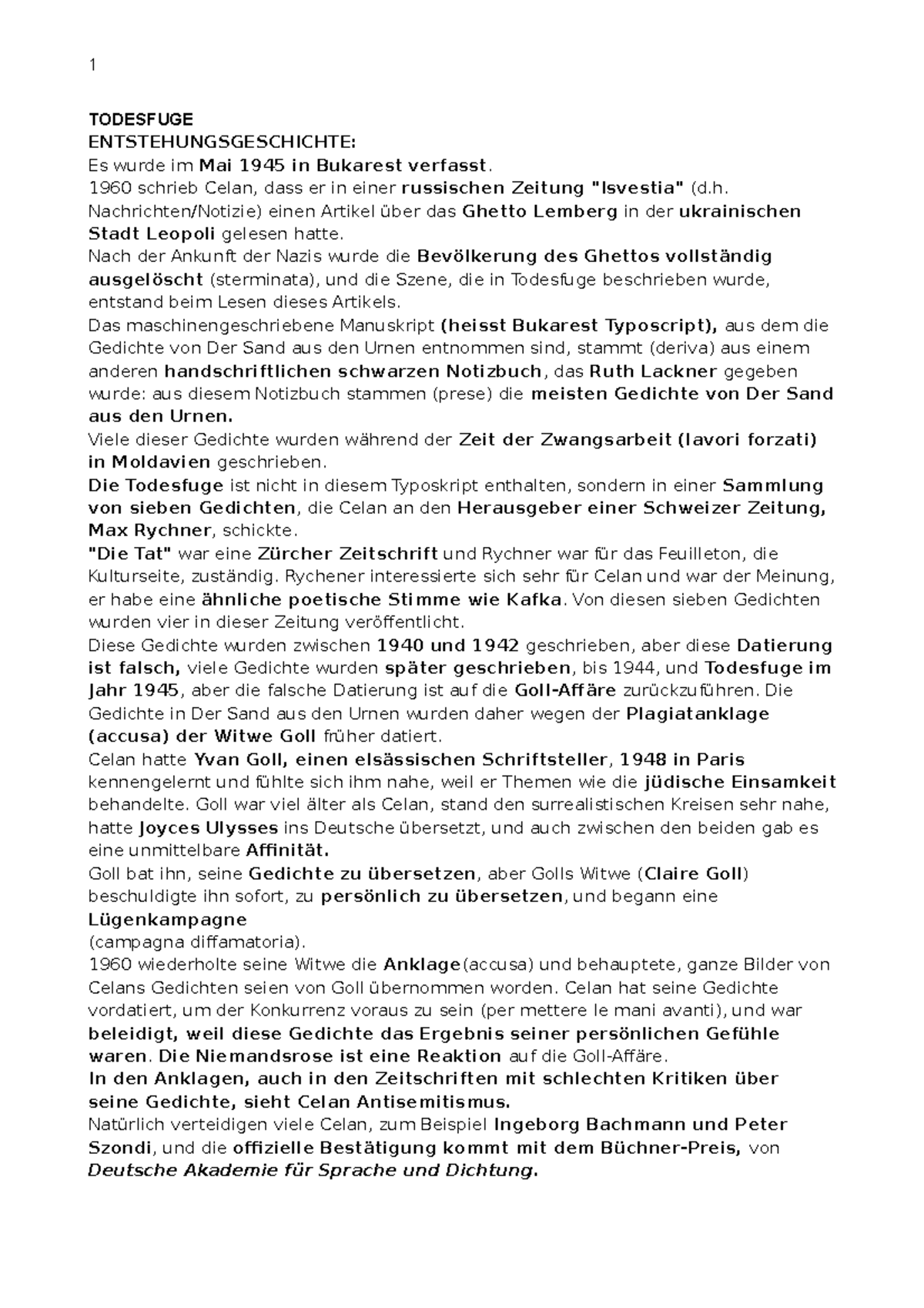 Todesfuge - Annotazioni in aula - TODESFUGE ENTSTEHUNGSGESCHICHTE: Es ...