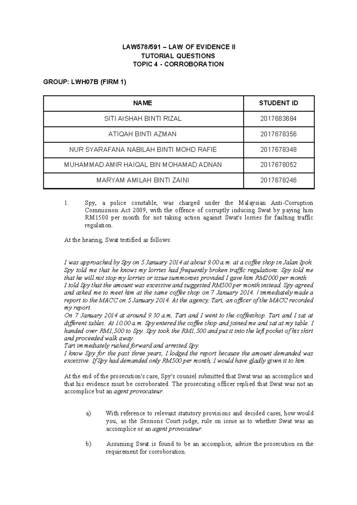 7B LAW578 Tutorial 6 (corroboration evid) - LAW578/591 – LAW OF ...