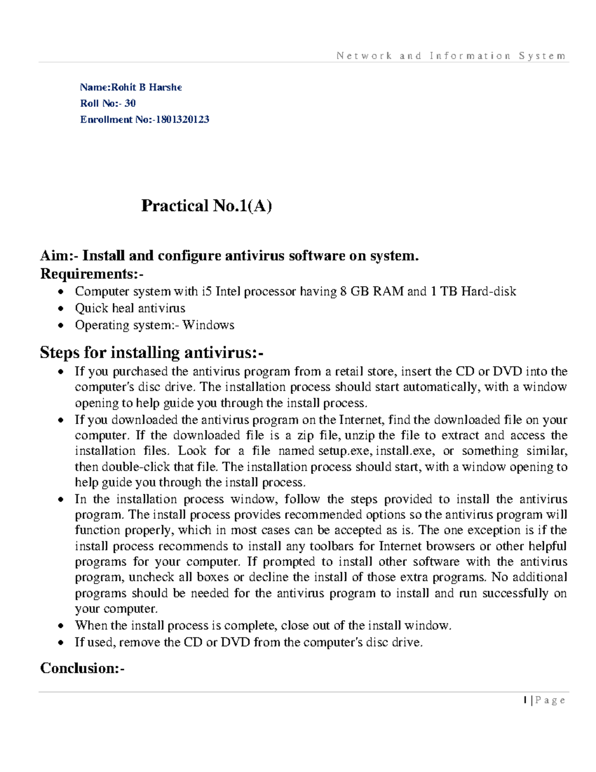 NIS Manual - Name:Rohit B Harshe Roll No:- 30 Enrollment No:- Practical No(A) Aim:- Install and ...