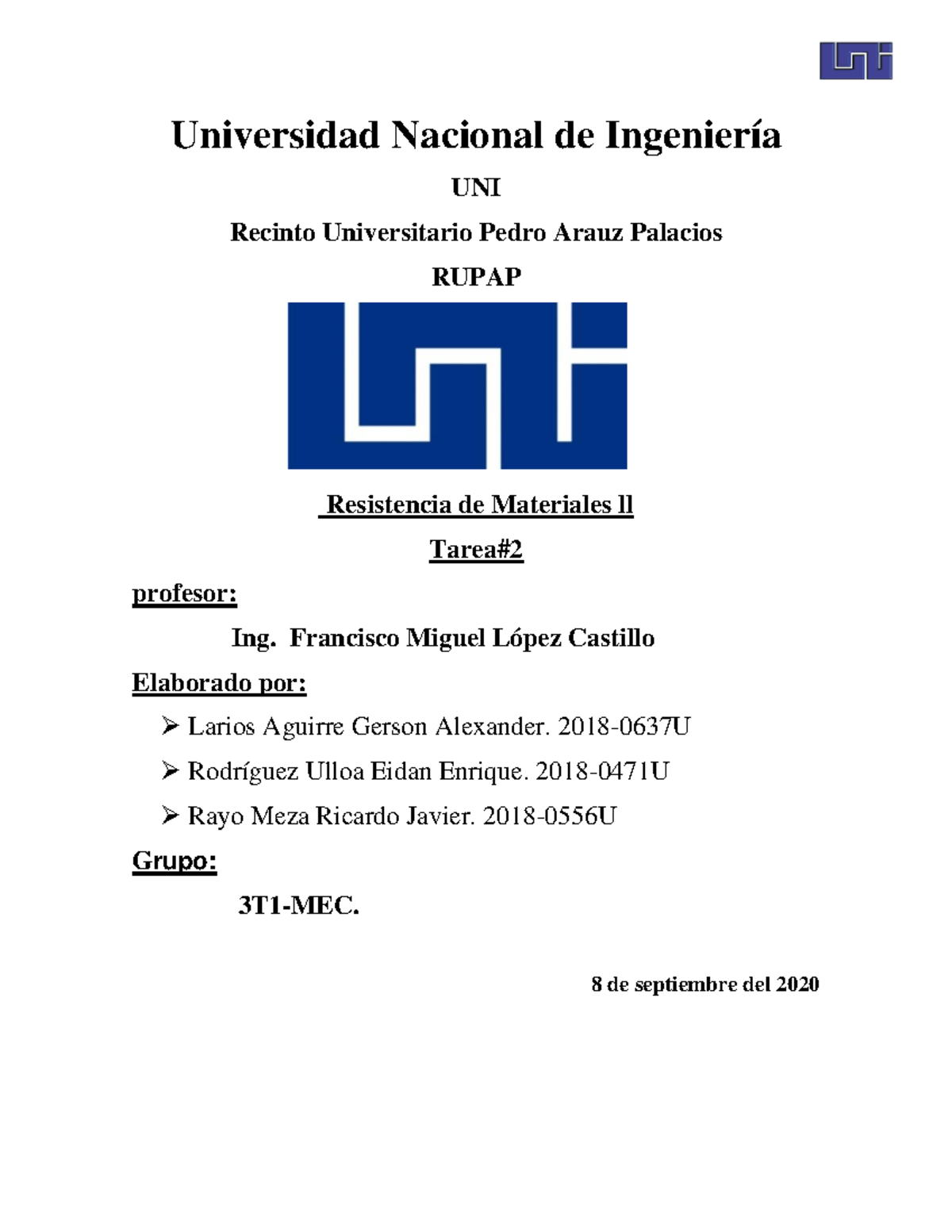 Trabajo 2 - Universidad Nacional de Ingeniería UNI Recinto Universitario Pedro Arauz Palacios ...
