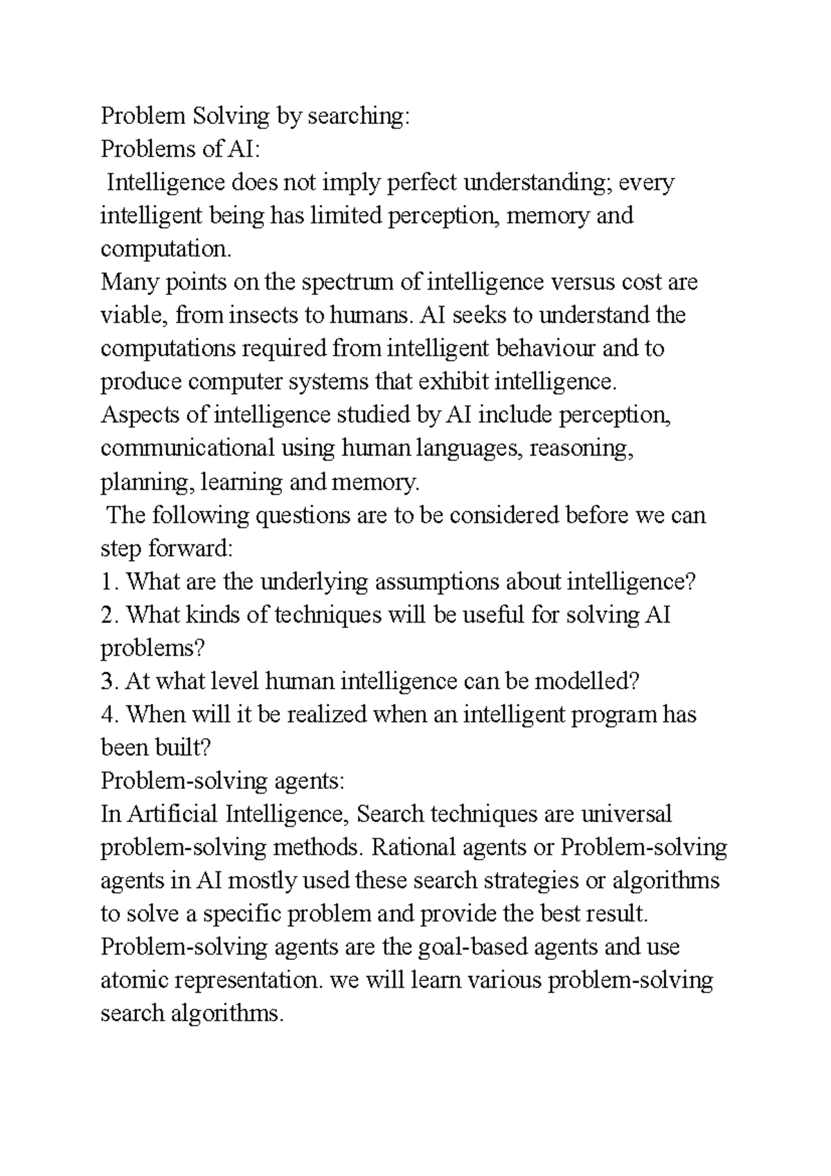 Chp 03 - notess - Problem Solving by searching: Problems of AI ...