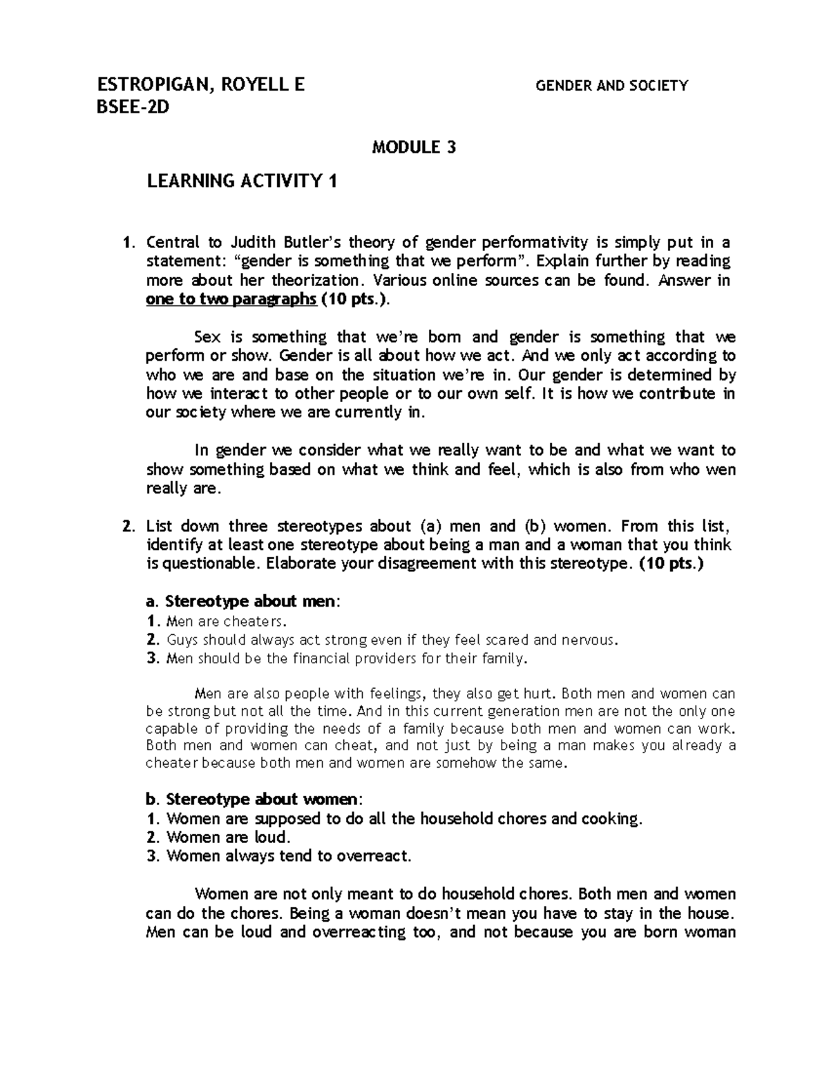 Gender AND SOC Module 3 - MODULARS - ESTROPIGAN, ROYELL E GENDER AND ...