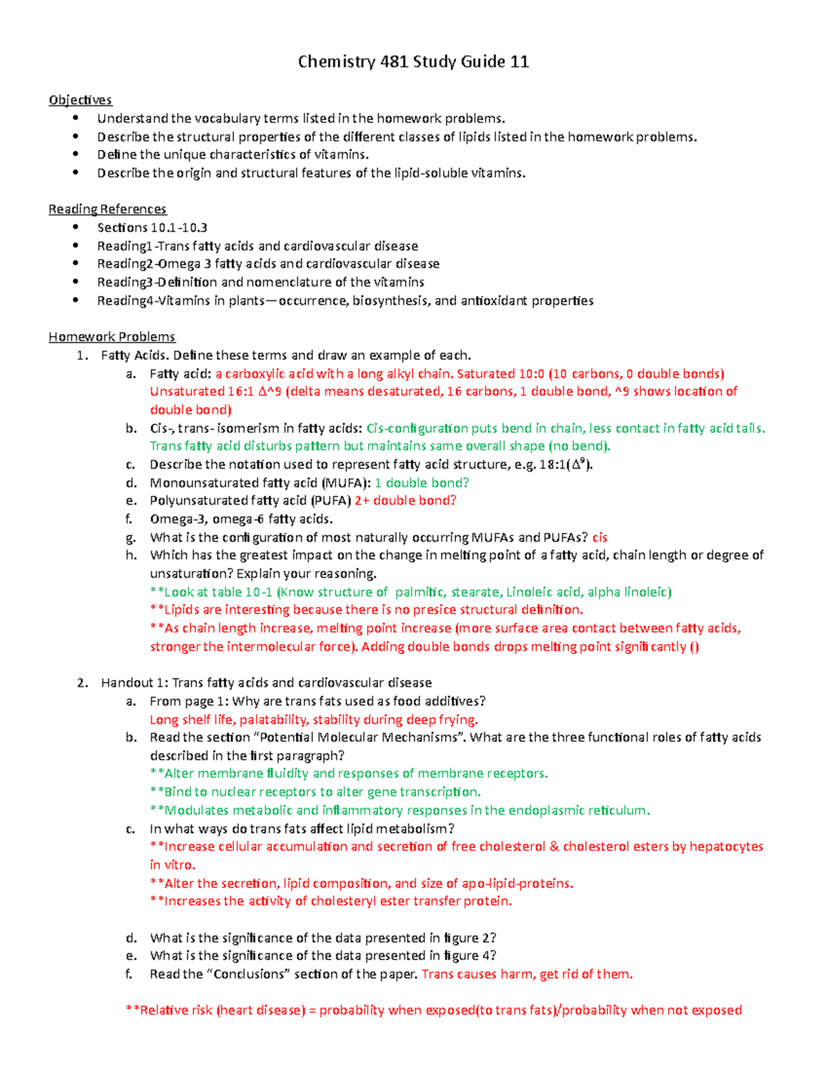 Biochem Study Guide 11 - Chemistry 481 Study Guide 11 Objectives ...