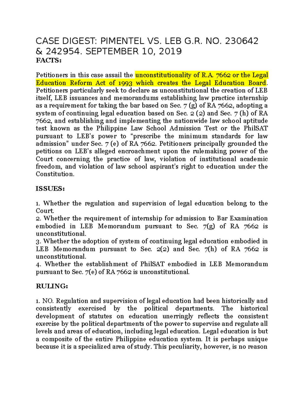 3. CASE Digest - CASE DIGEST: PIMENTEL VS. LEB G. NO. 230642 & 242954 ...