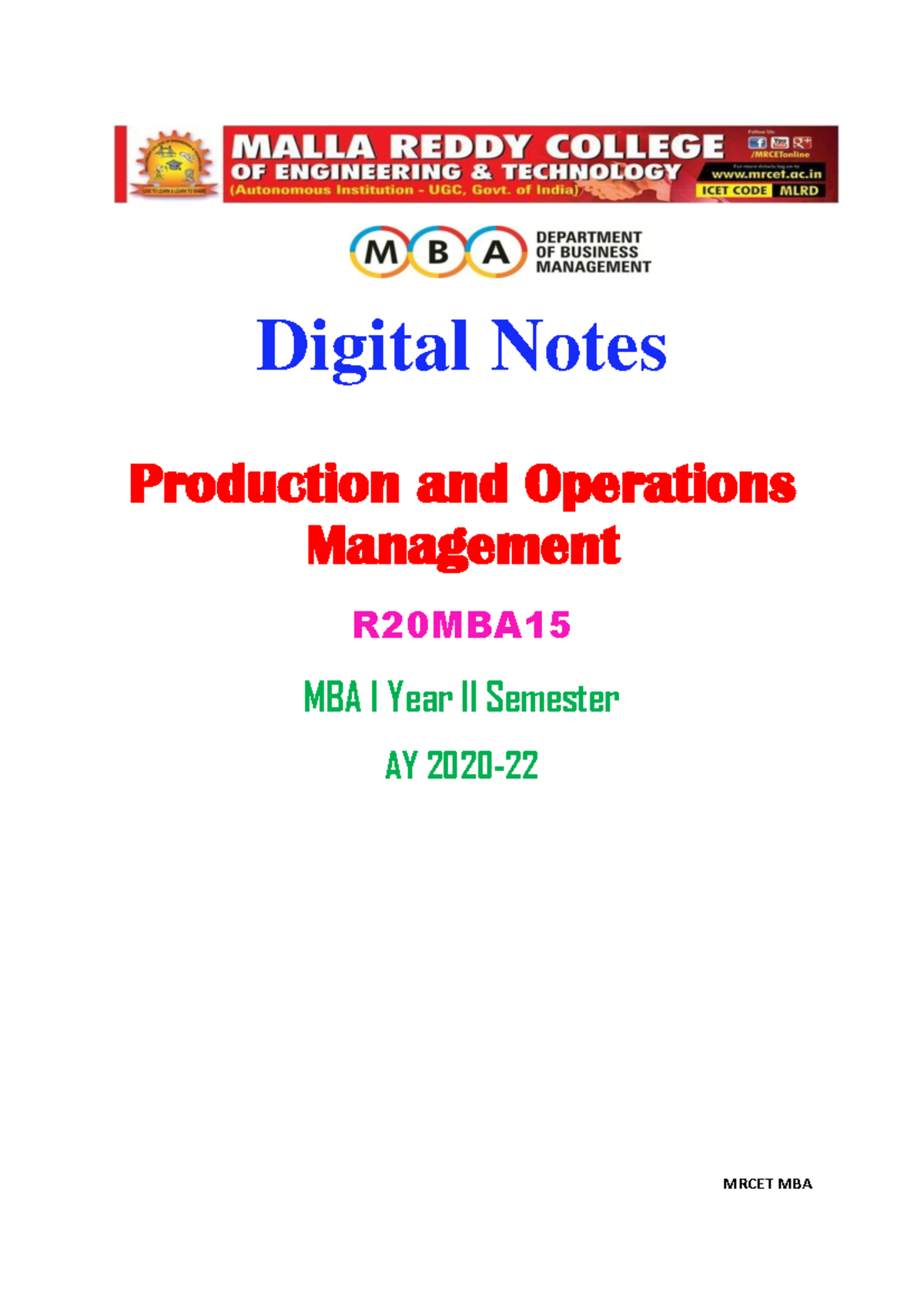 Production and Operations Management - Learning Outcome: The students ...