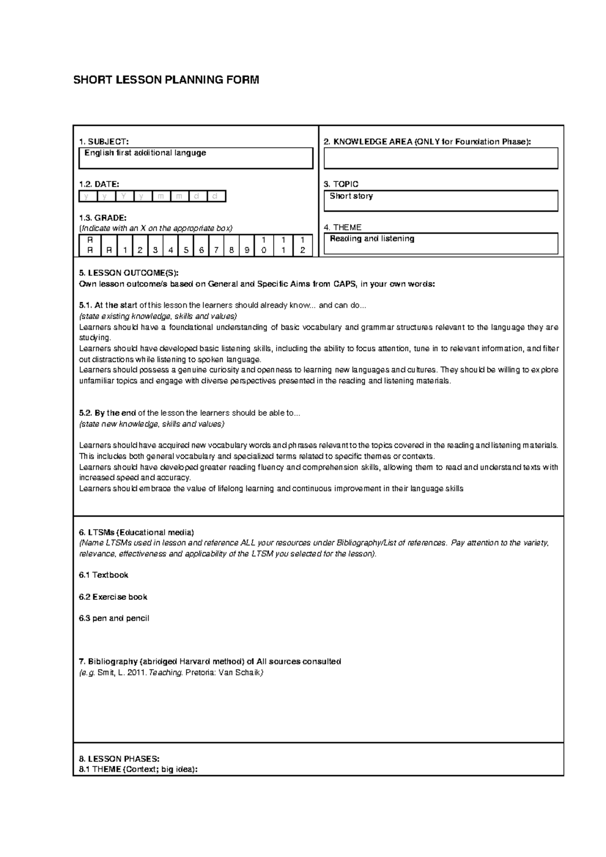 TUKS Short Lesson plan 1 - SHORT LESSON PLANNING FORM 1. SUBJECT ...