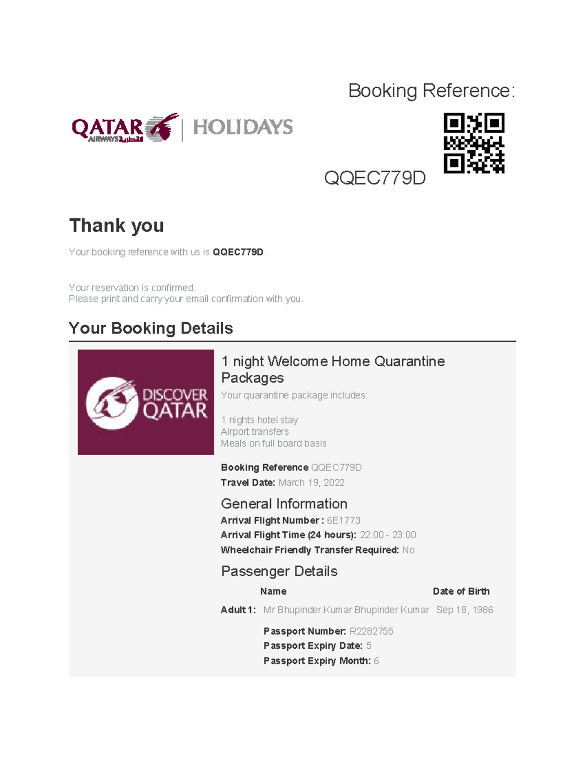 1 DAY HTL Bhupinder Kumar - Booking Reference: QQEC779D Thank you Your ...