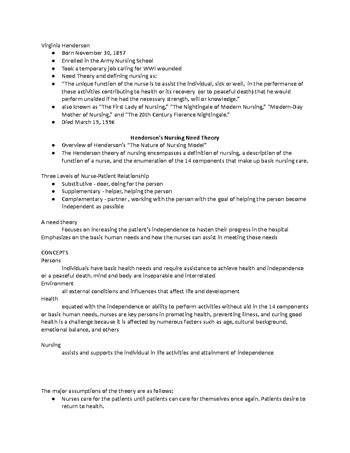 Nursing Theories Outline - Virginia Henderson Born November 30, 1897 ...