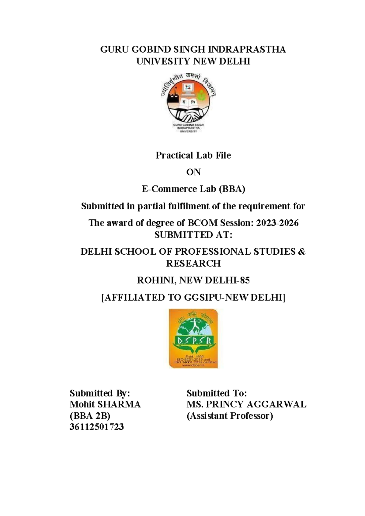 Mohit Sharma e comm file - GURU GOBIND SINGH INDRAPRASTHA UNIVESITY NEW DELHI Practical Lab File ...