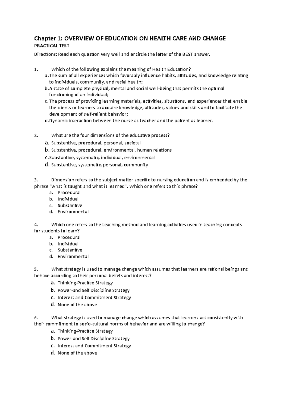 Health-Education-Practice-Tests - Chapter 1: OVERVIEW OF EDUCATION ON ...