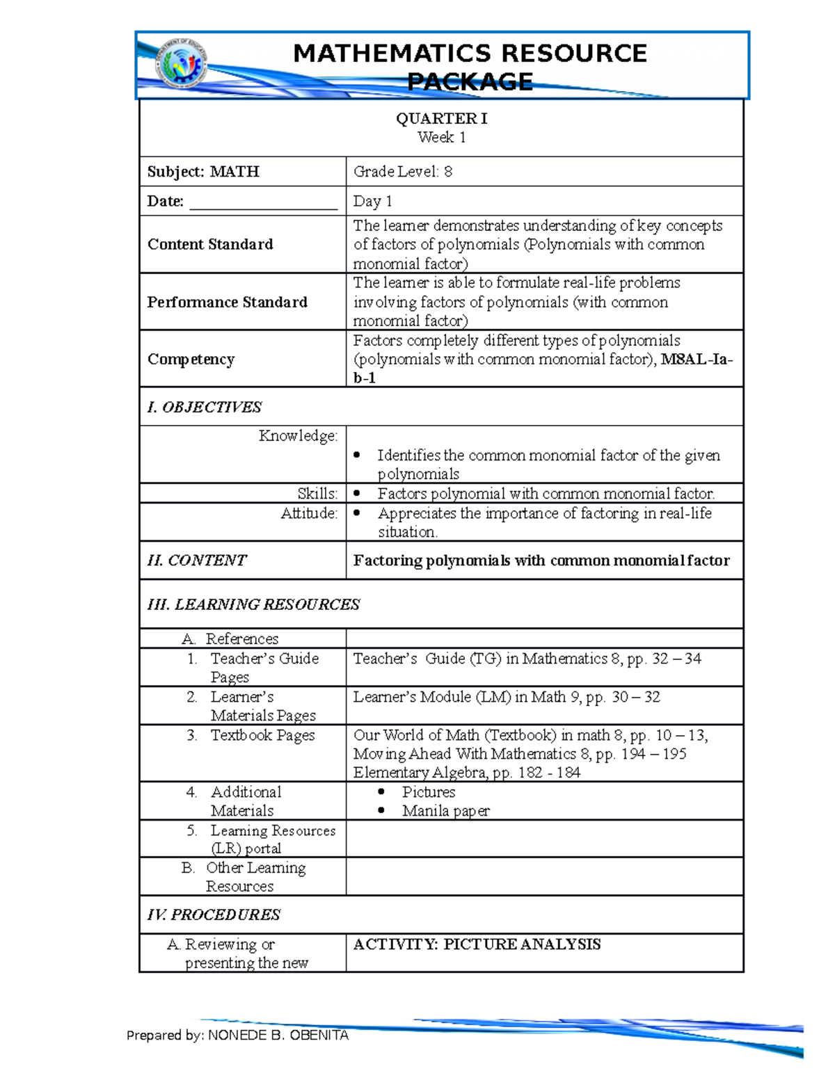 DLL-8 (WEEK 1, DAY 1) - erwer - PACKAGE QUARTER I Week 1 Subject: MATH ...