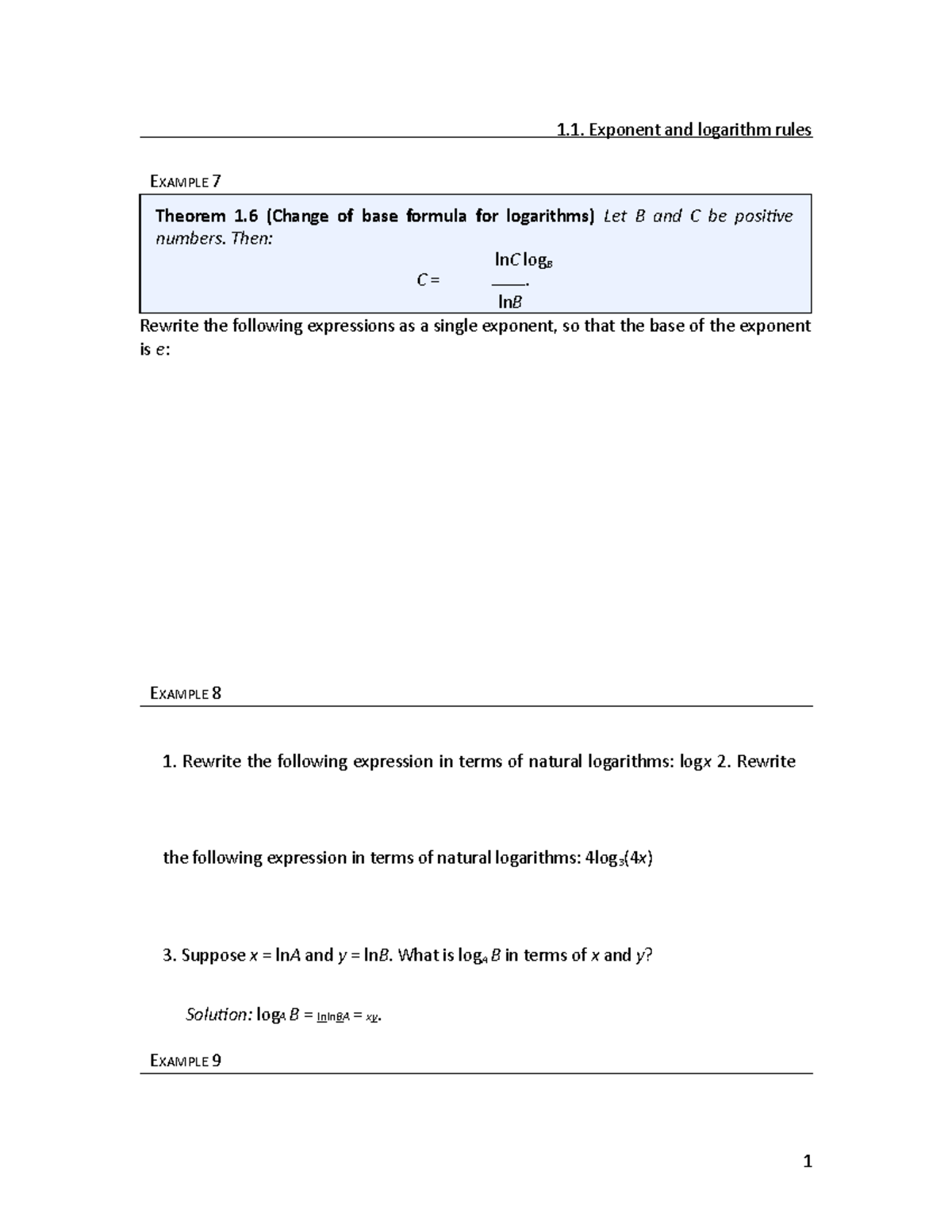 Calculus I notes #4 - Exponent and logarithm rules EXAMPLE 7 Theorem 1 ...