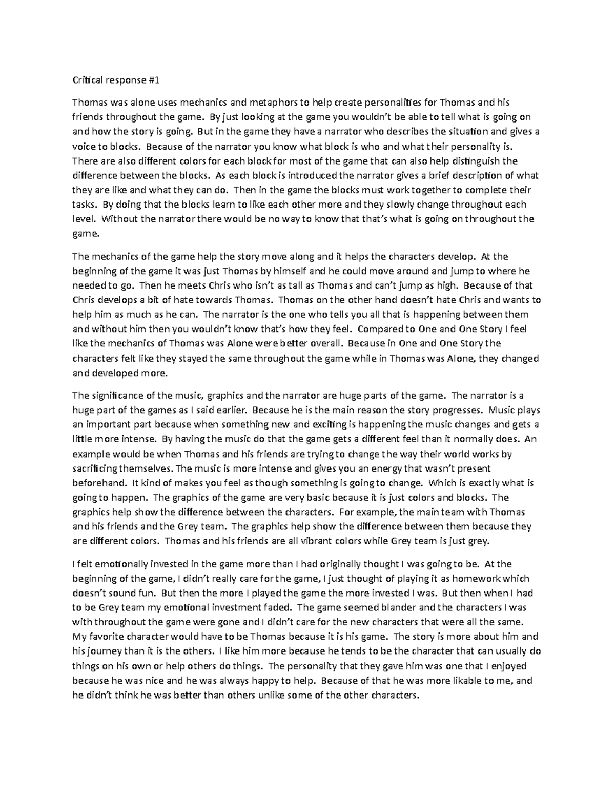 Critical response 1 - By just looking at the game you wouldn’t be able ...