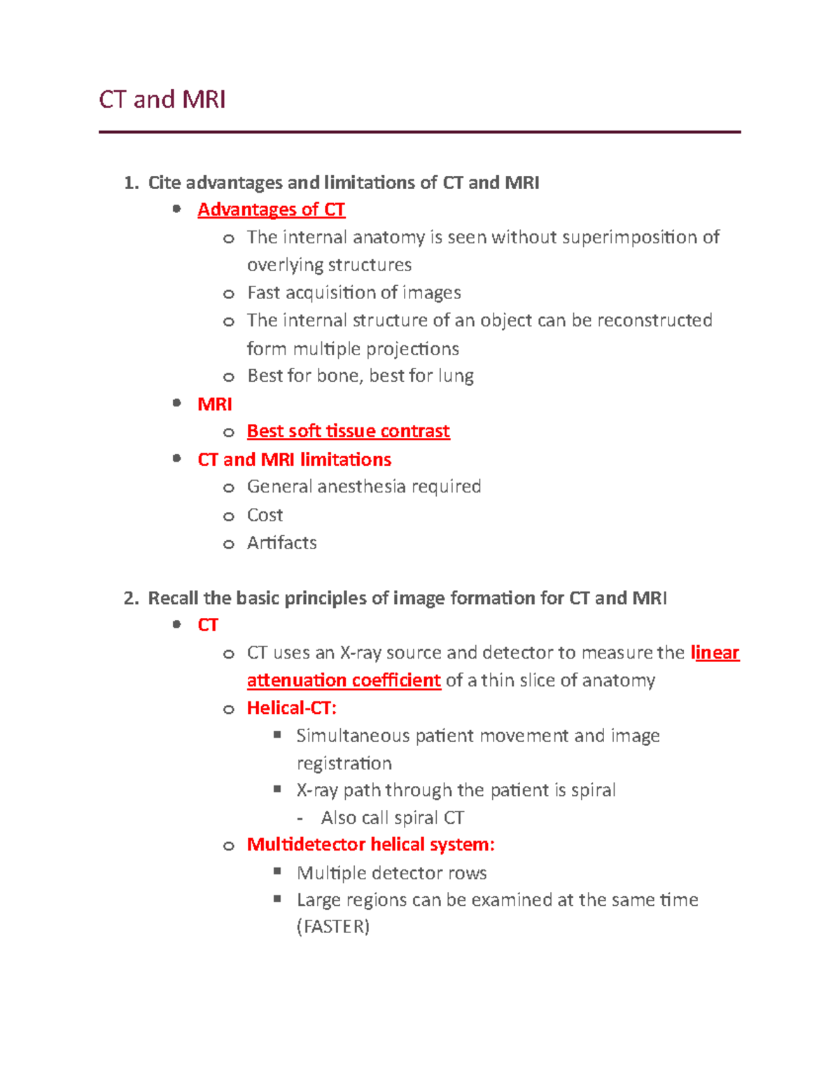 Ct And Mri Lecture Notes Comparing And Contrasting The Differences And Applications Of Ct
