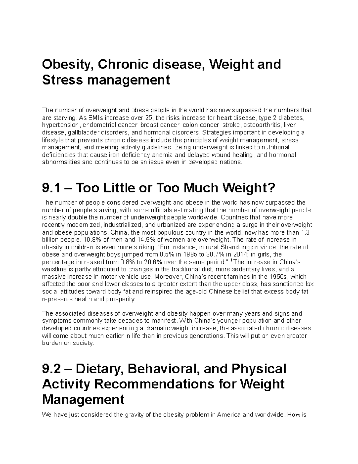 Lesson 6 - L06 lecture notes - Obesity, Chronic disease, Weight and ...