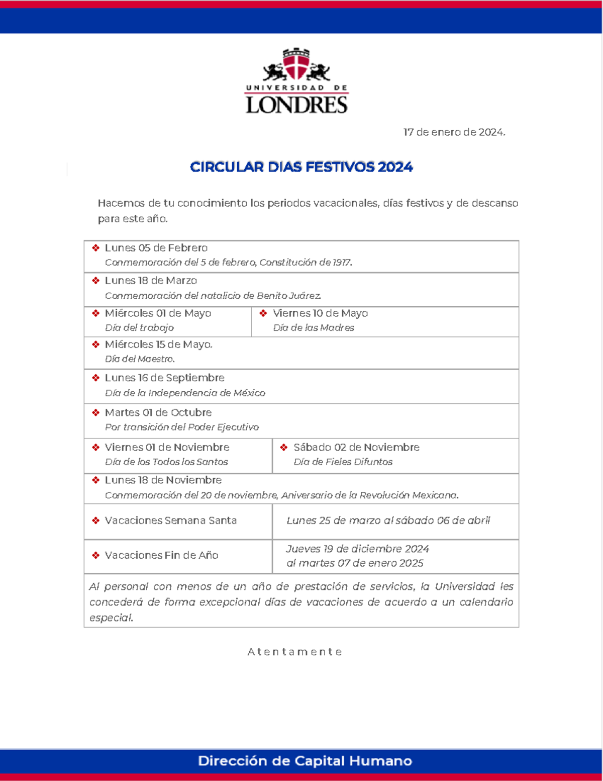Circular Días Festivos 2024 - 17 de enero de 202 4. CIRCULAR DIAS ...