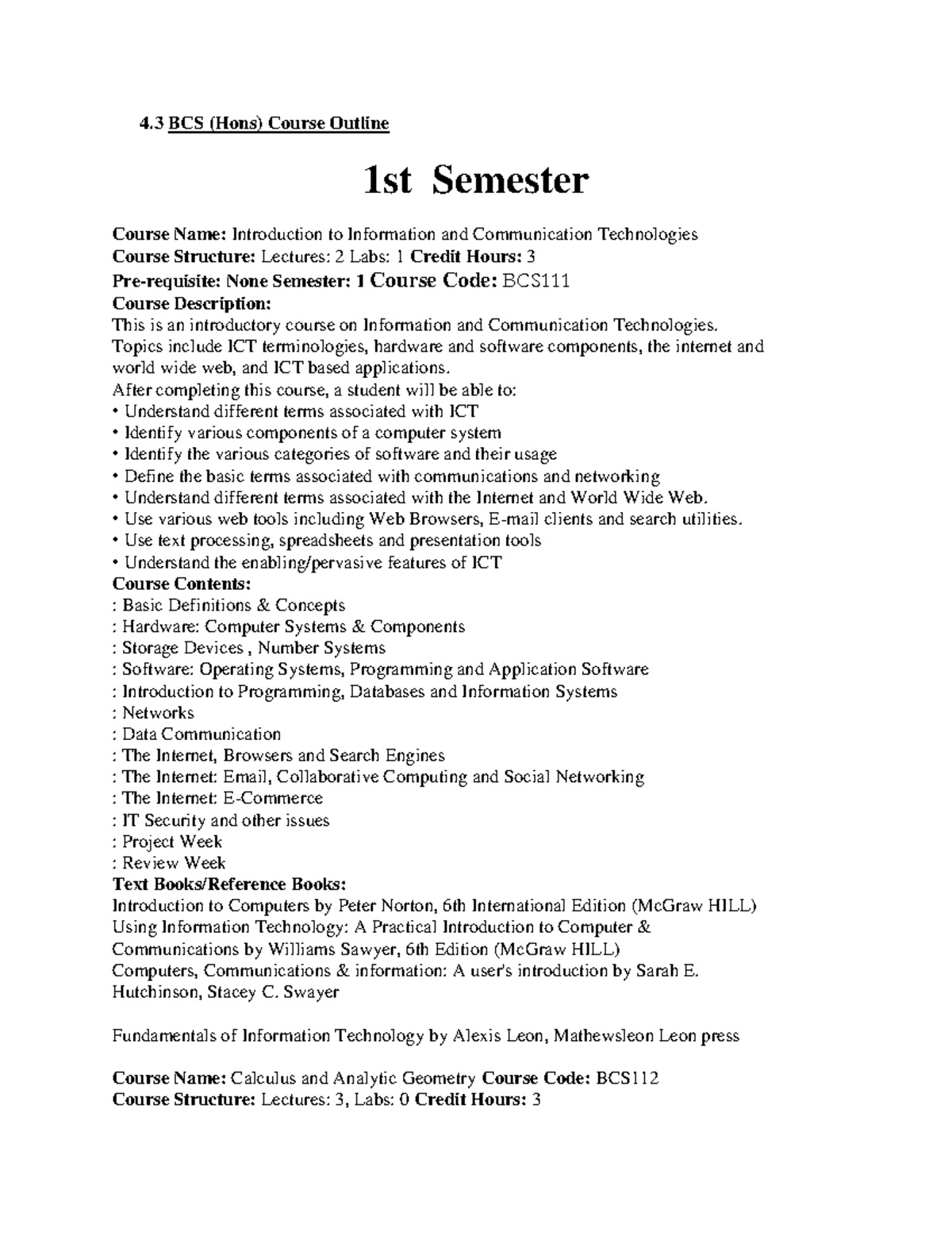 Course Outline BCS Pabbi - 4 BCS (Hons) Course Outline 1st Semester ...
