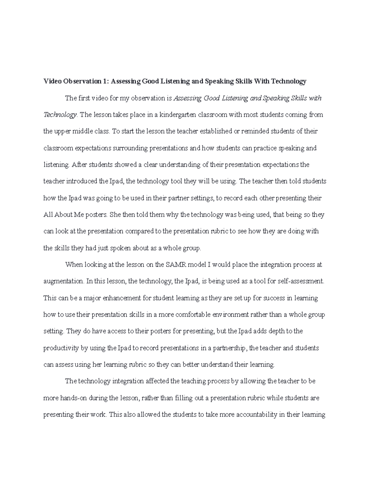 Task 2 Using technology in the classroom - Video Observation 1 ...