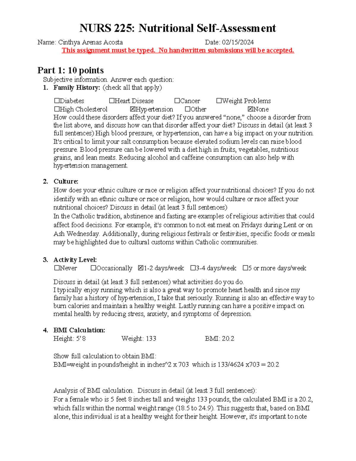 Nutrition Assessment - Name: Cinthya Arenas Acosta Date: 02/15/ This ...