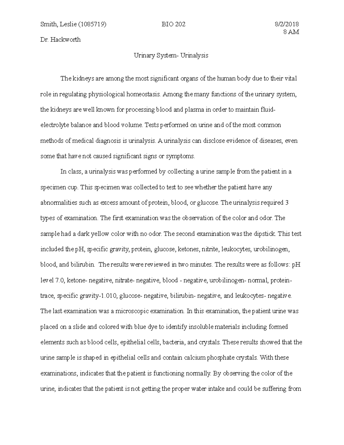 Urinary system - Report - Smith, Leslie (1085719) BIO 202 8/2/2018 8 AM ...