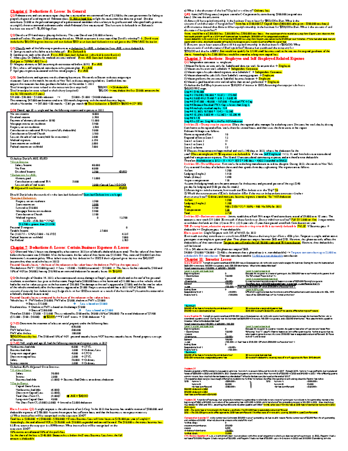 Exam 2 Cheat Sheet (Ch6,7,9,11) - Chapter 6: Deductions & Losses: In General Q1) Rebecca owns ...
