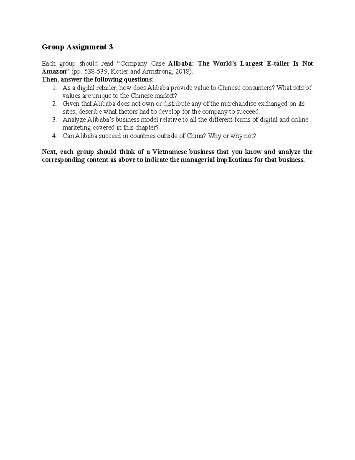 Group Assignment 3 - bài tập 3 - Group Assignment 3 Each group should read “Company Case Alibaba ...