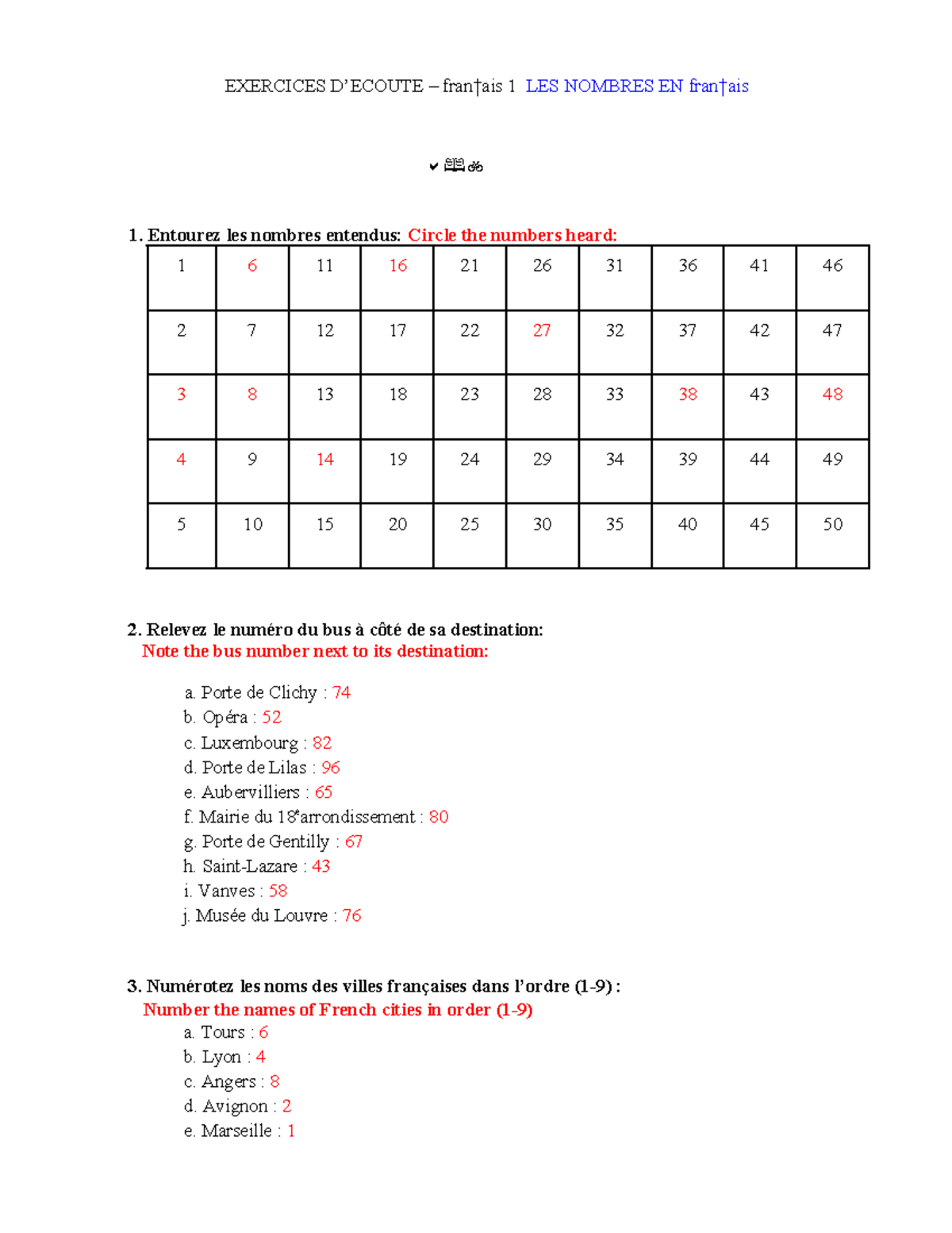 01 LES Nombres EN Francais - EXERCICES D’ECOUTE – fran†ais 1 LES ...