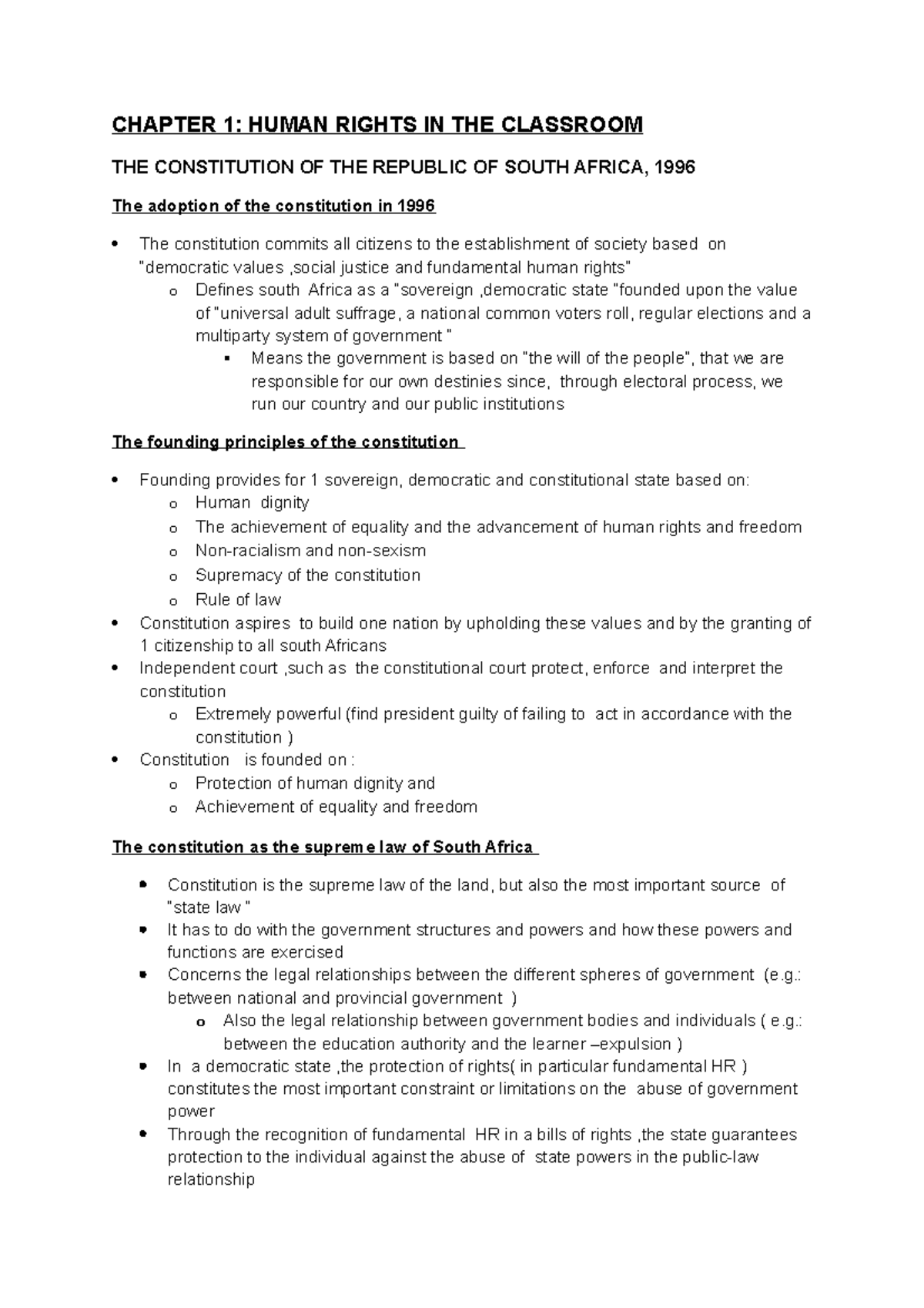 Chapter 1 - Sumarrised notes - CHAPTER 1: HUMAN RIGHTS IN THE CLASSROOM ...