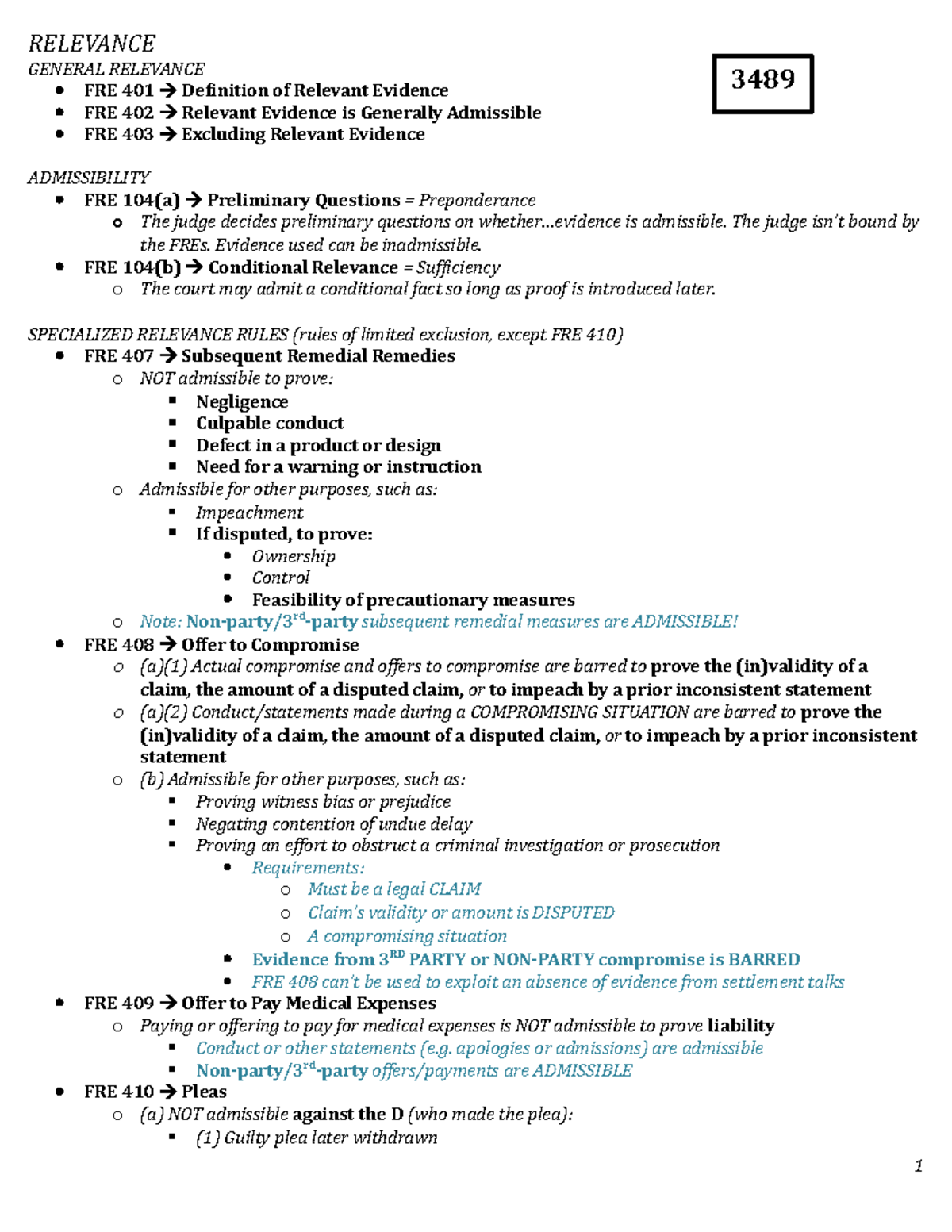 Outline - Full Course - Summary Evidence - RELEVANCE GENERAL RELEVANCE ...