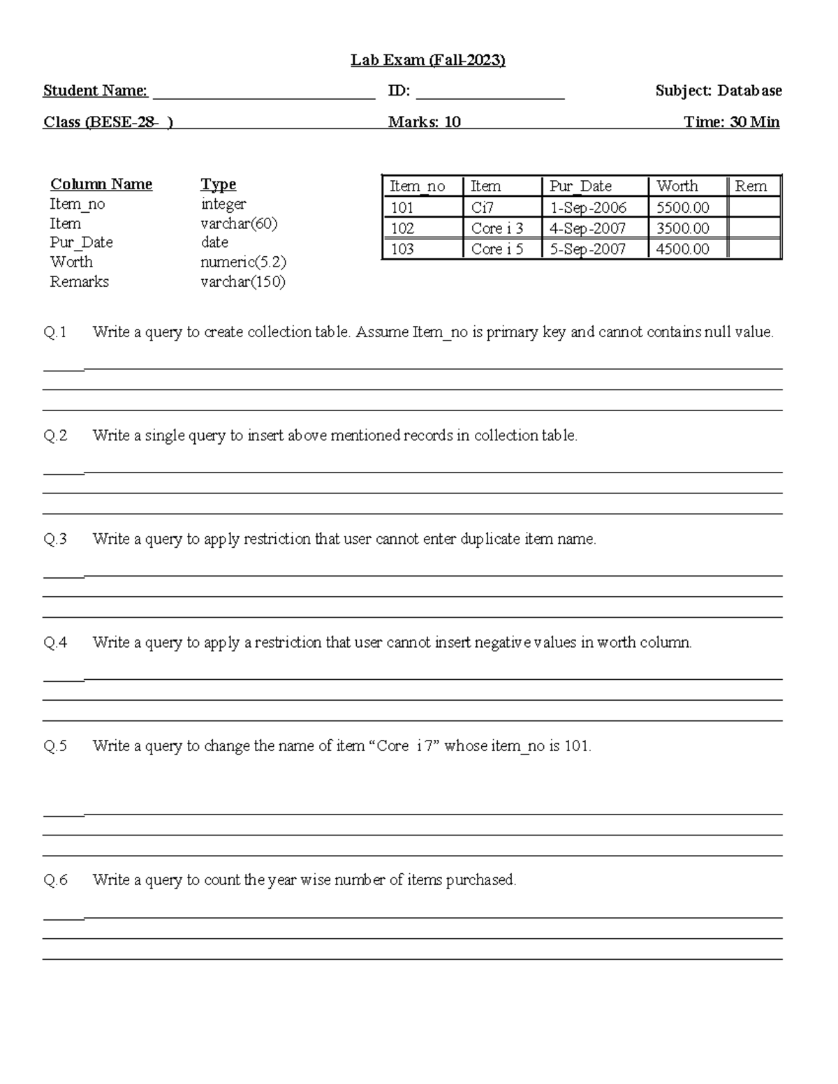 Lab Exam - Database - sdaf - Lab Exam (Fall-2023) Student Name