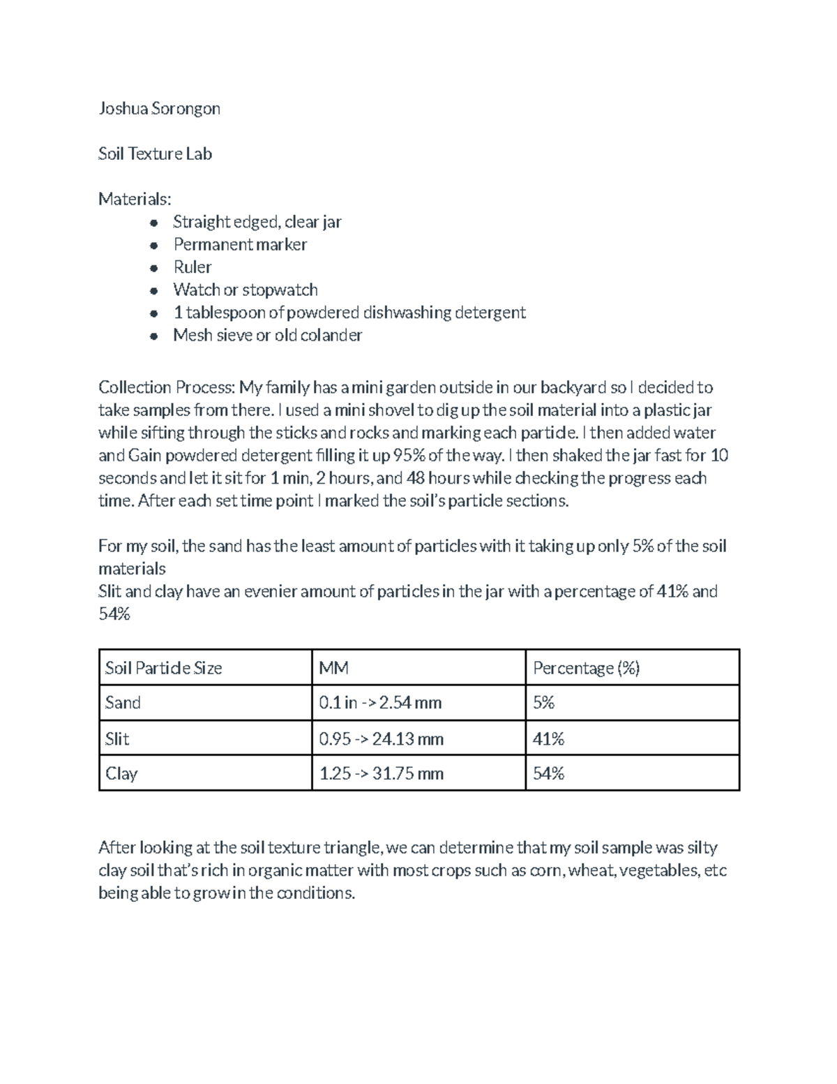 Soil Texture Lab - Joshua Sorongon Soil Texture Lab Materials: Straight ...