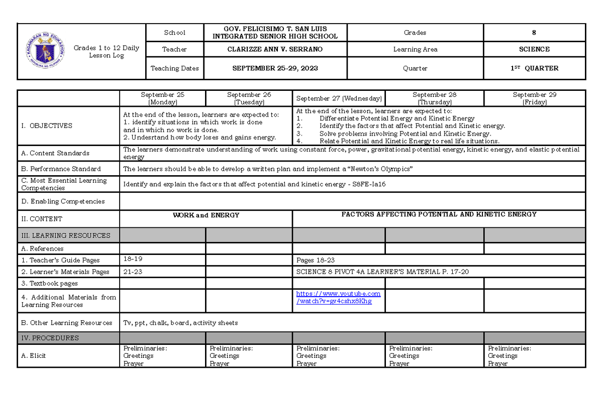 WEEK 5 WORK PE KE - science 8 - Grades 1 to 12 Daily Lesson Log School ...