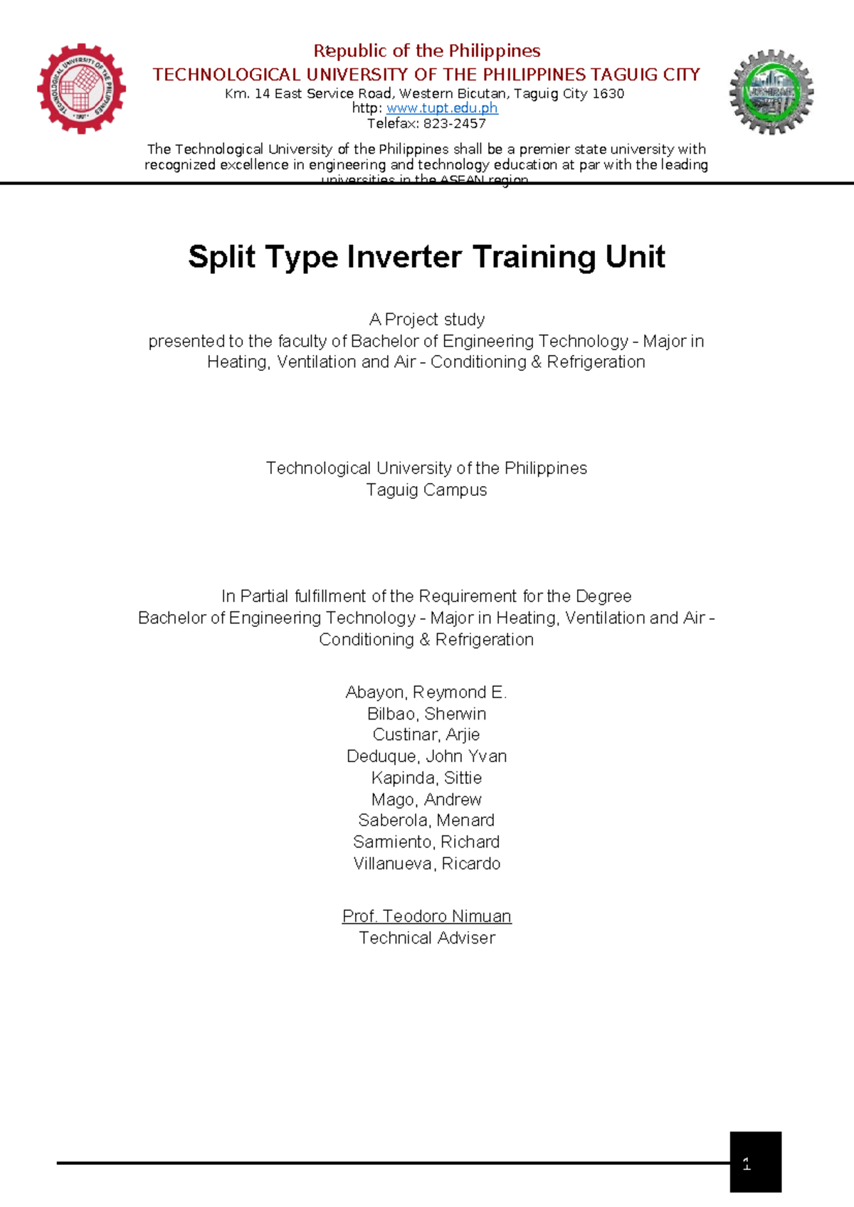 PS1-Split-Type - Republic of the Philippines TECHNOLOGICAL UNIVERSITY OF THE PHILIPPINES TAGUIG ...