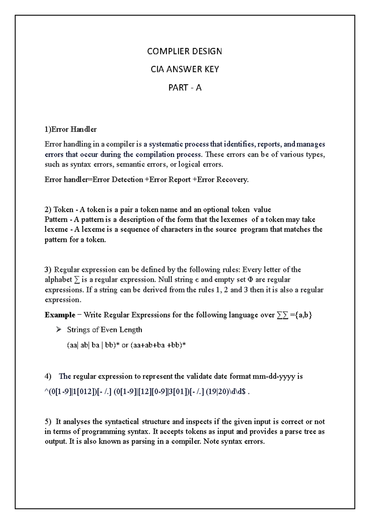 compiler design nots - COMPLIER DESIGN CIA ANSWER KEY PART - A 1 )Error ...