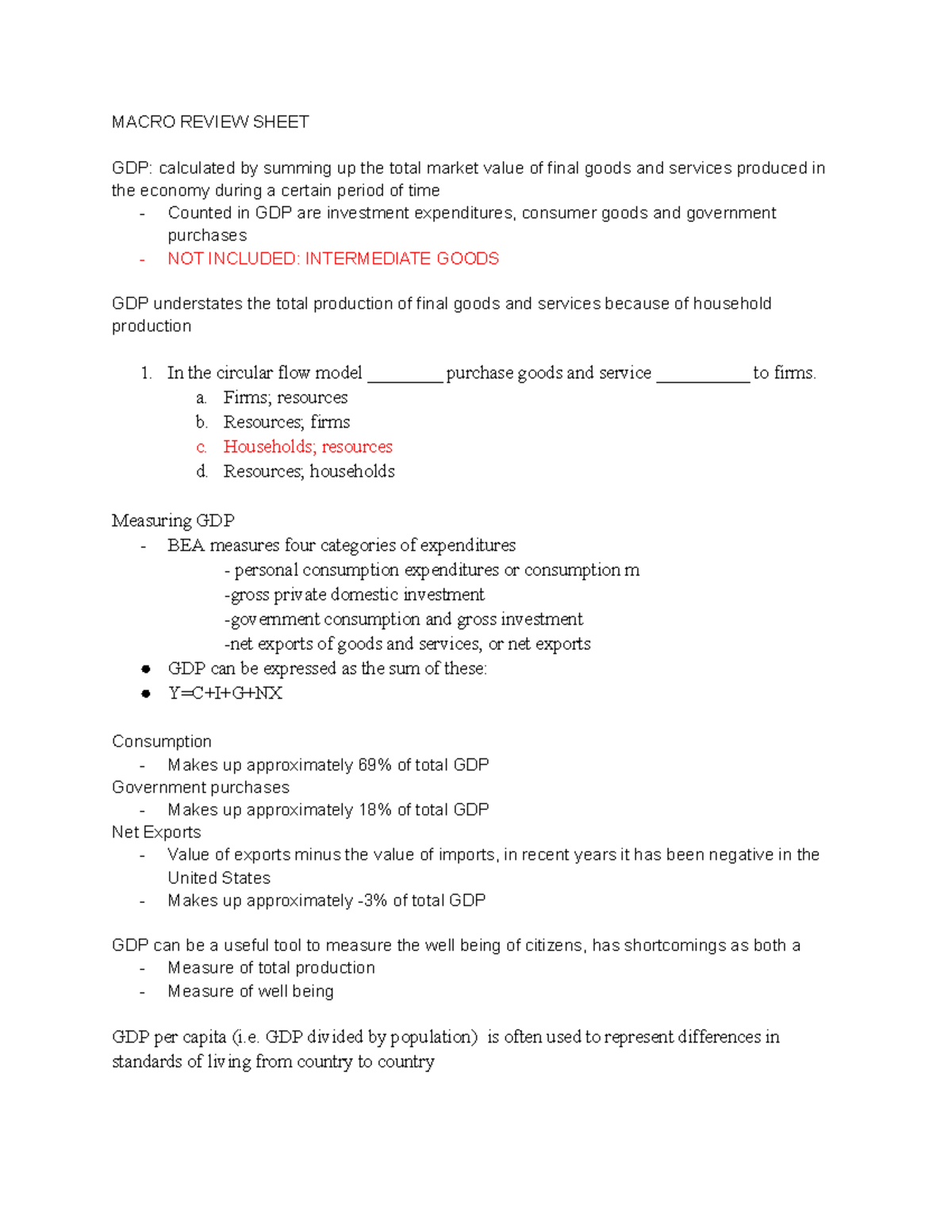 Macro Review Sheet - MACRO REVIEW SHEET GDP: calculated by summing up ...