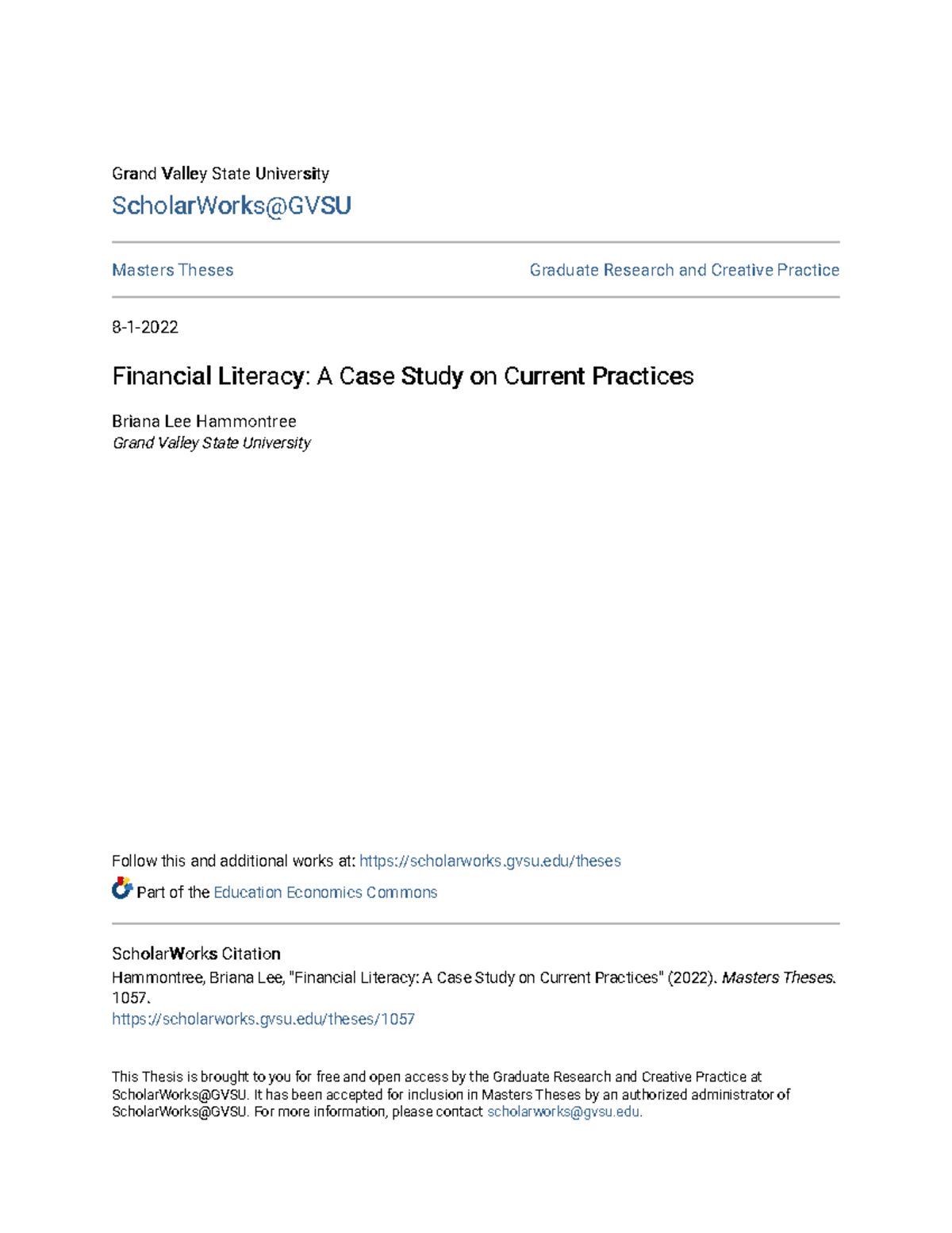 Financial Literacy A Case Study on Current Practices - Grand Valley ...