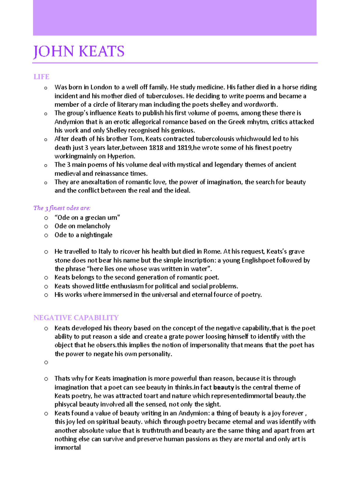 John keats - Programma 5 anno - JOHN KEATS LIFE o Was born in London to ...