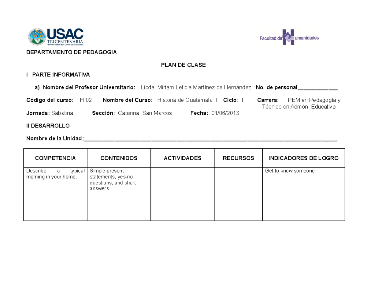 Formato Plan de clase - DEPARTAMENTO DE PEDAGOGIA PLAN DE CLASE I PARTE ...