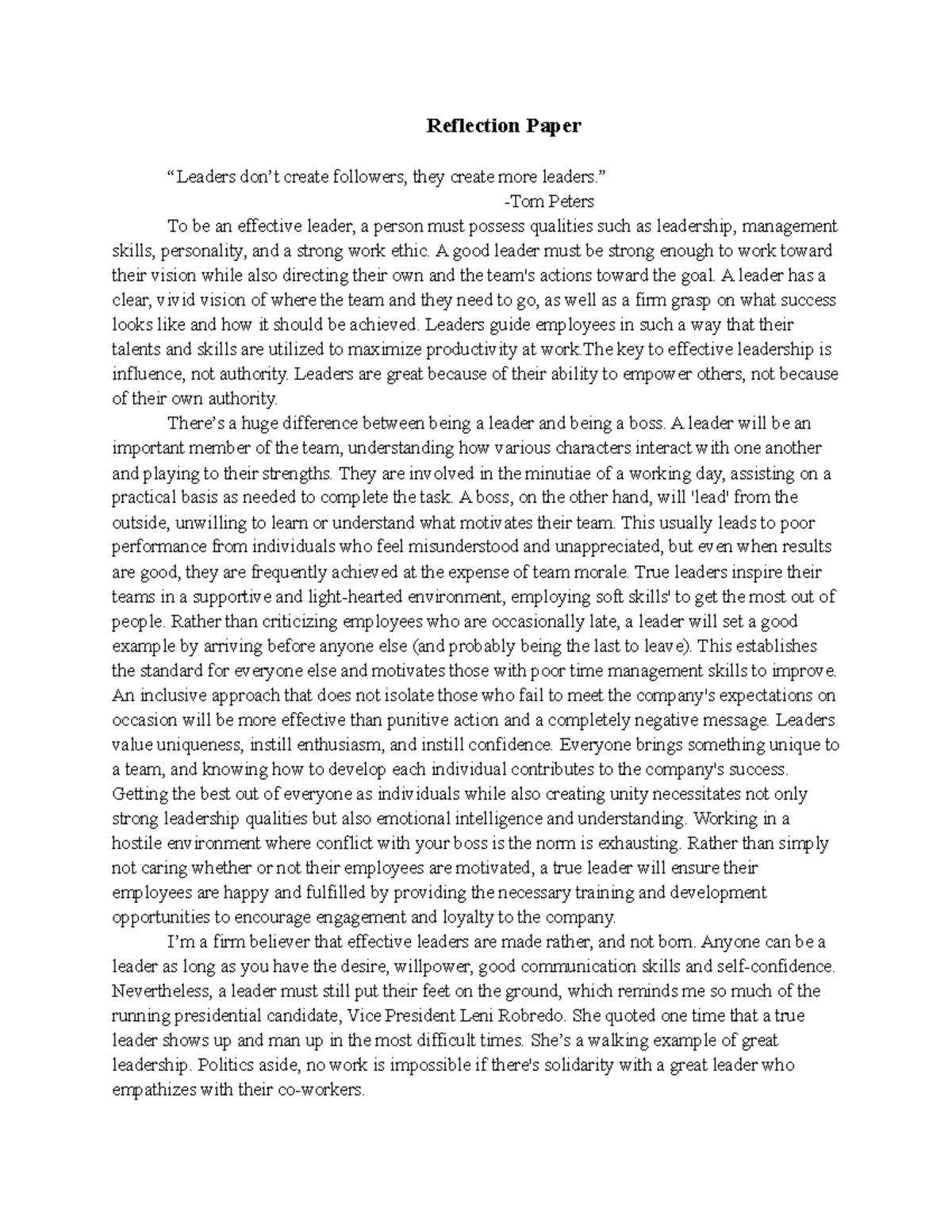 Reflection Paper CEA1 - Reflection Paper “Leaders don’t create ...