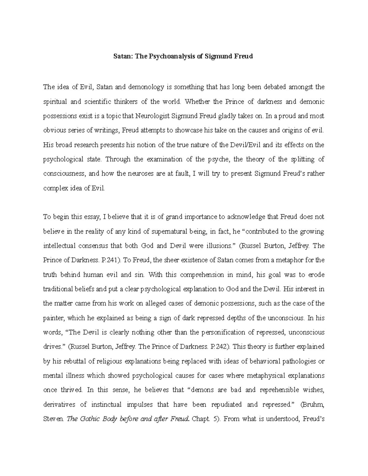 Hist. Stan assign 4 - Grade: A - Satan: The Psychoanalysis of Sigmund ...