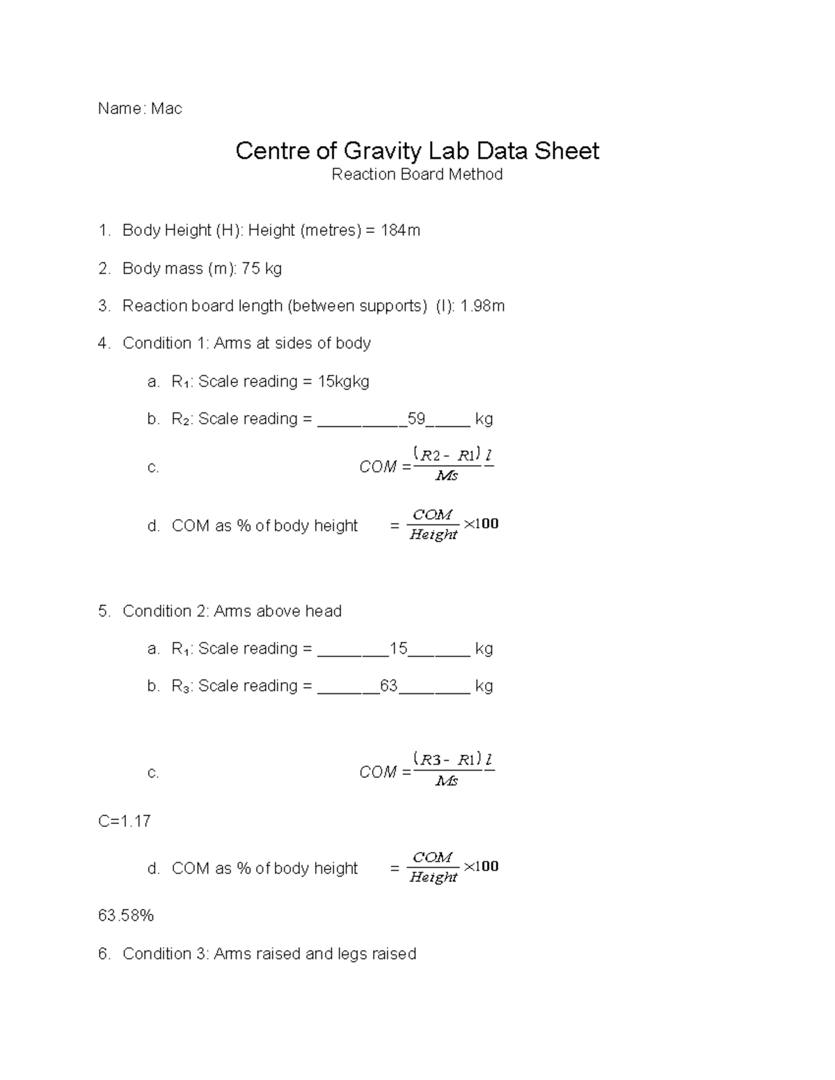 2 Reaction Board Calculations - Name: Mac Centre of Gravity Lab Data ...