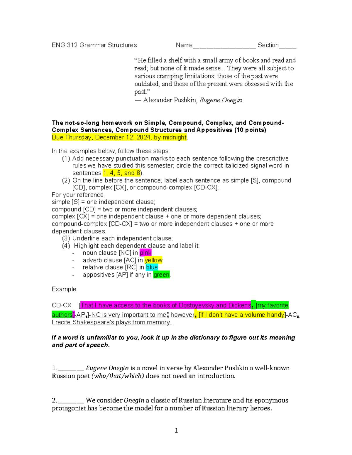 Final Homework - FALL 2024 - ENG 312 Grammar Structures Name ...