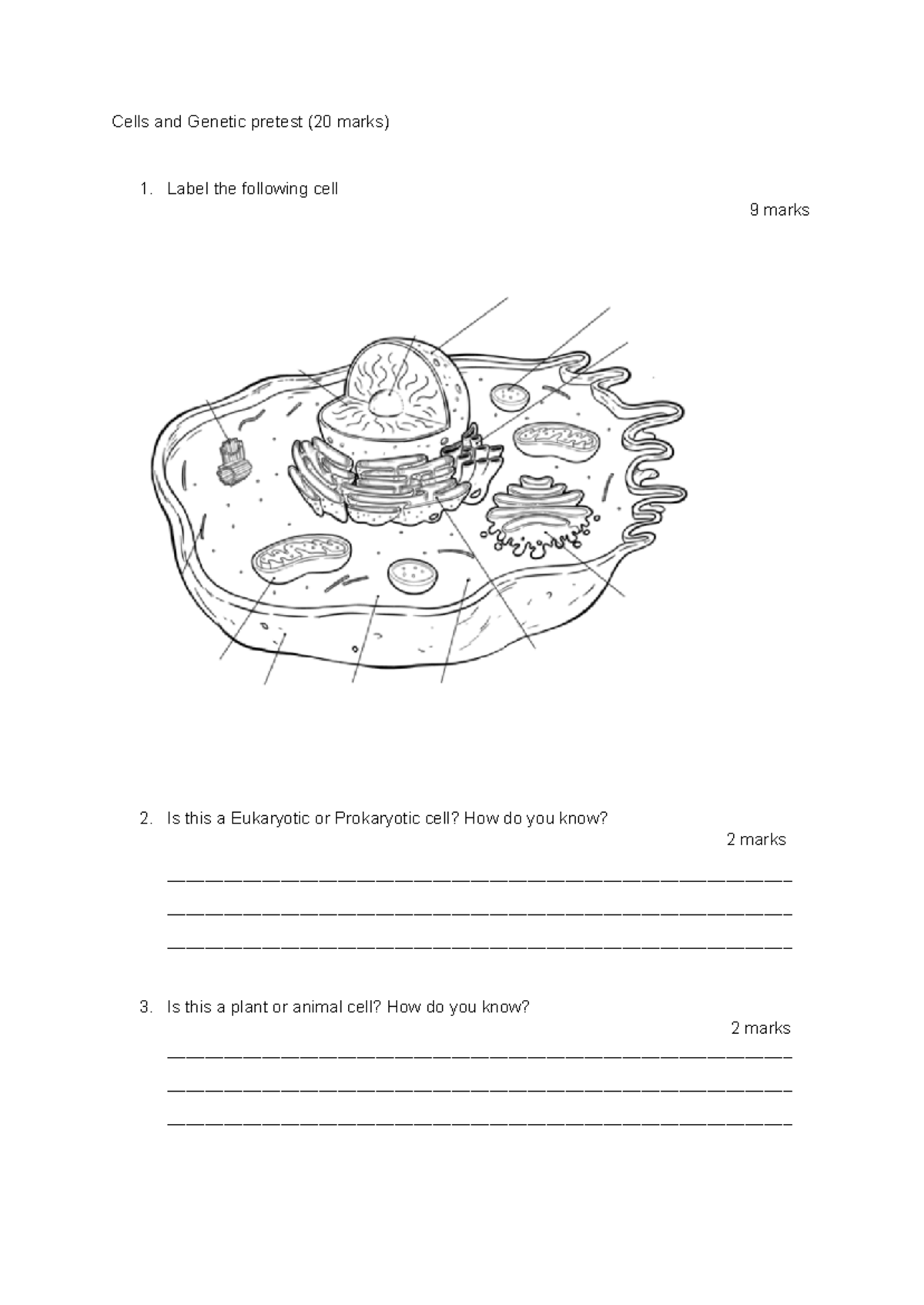 Cells and Genetics pre test - Cells and Genetic pretest (20 marks) 1 ...