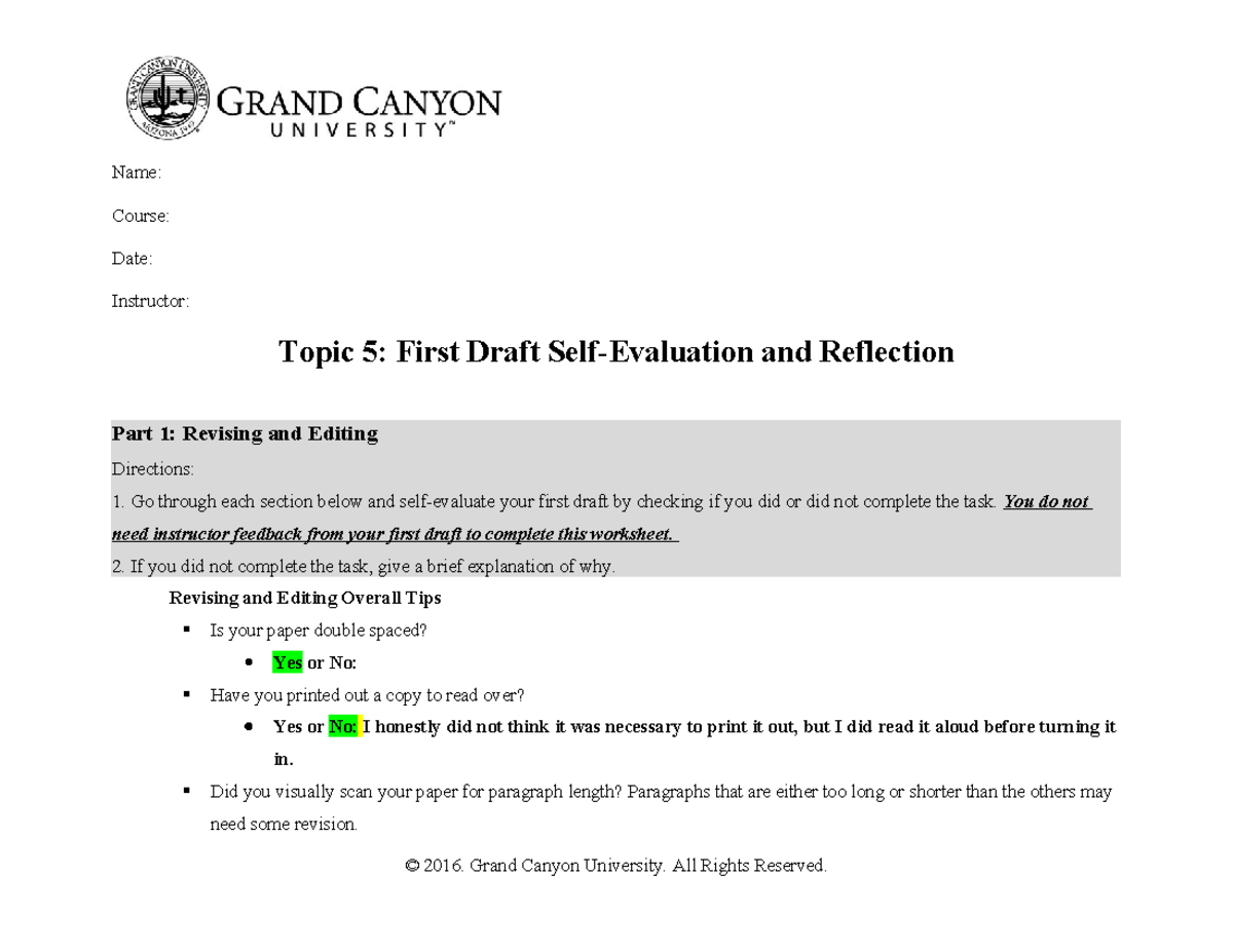 Self-Evaluationand Reflection - Name: Course: Date: Instructor: Topic 5 ...