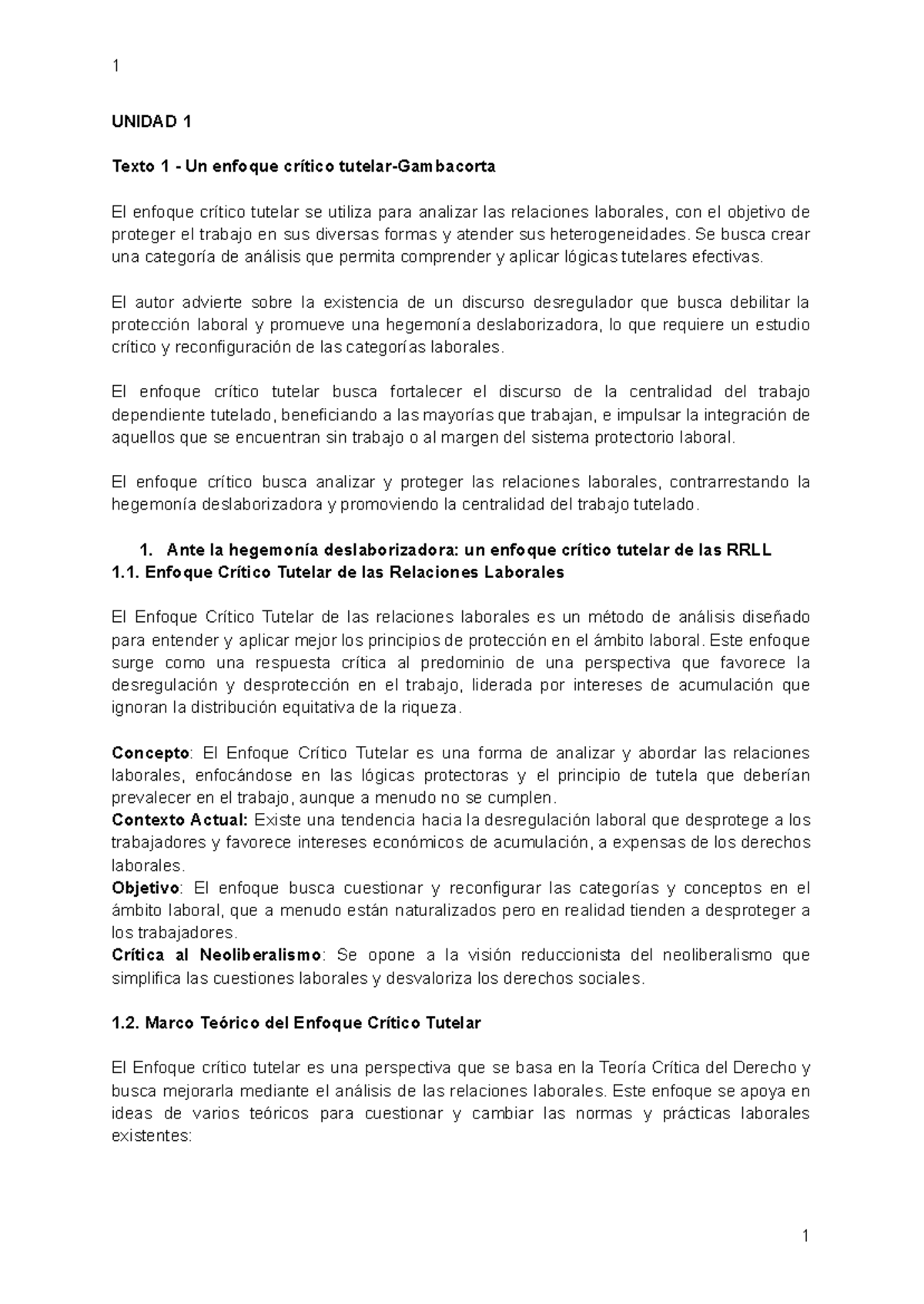 Resumen RR.LL 2024 - UNIDAD 1 Texto 1 - Un enfoque crítico tutelar-Gambacorta El enfoque crítico ...
