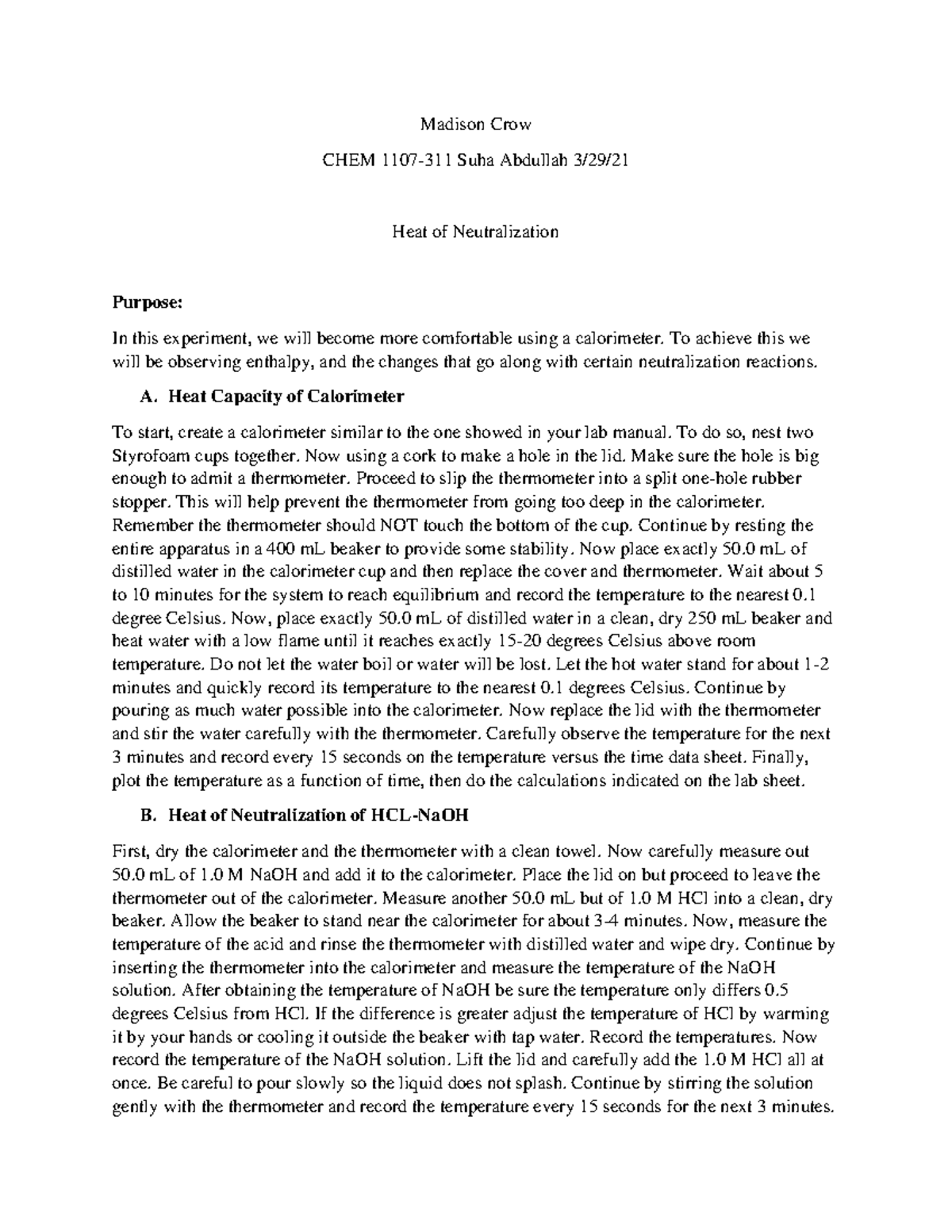 Lab summary 10 - bekfdbsd - Madison Crow CHEM 1107-311 Suha Abdullah 3 ...