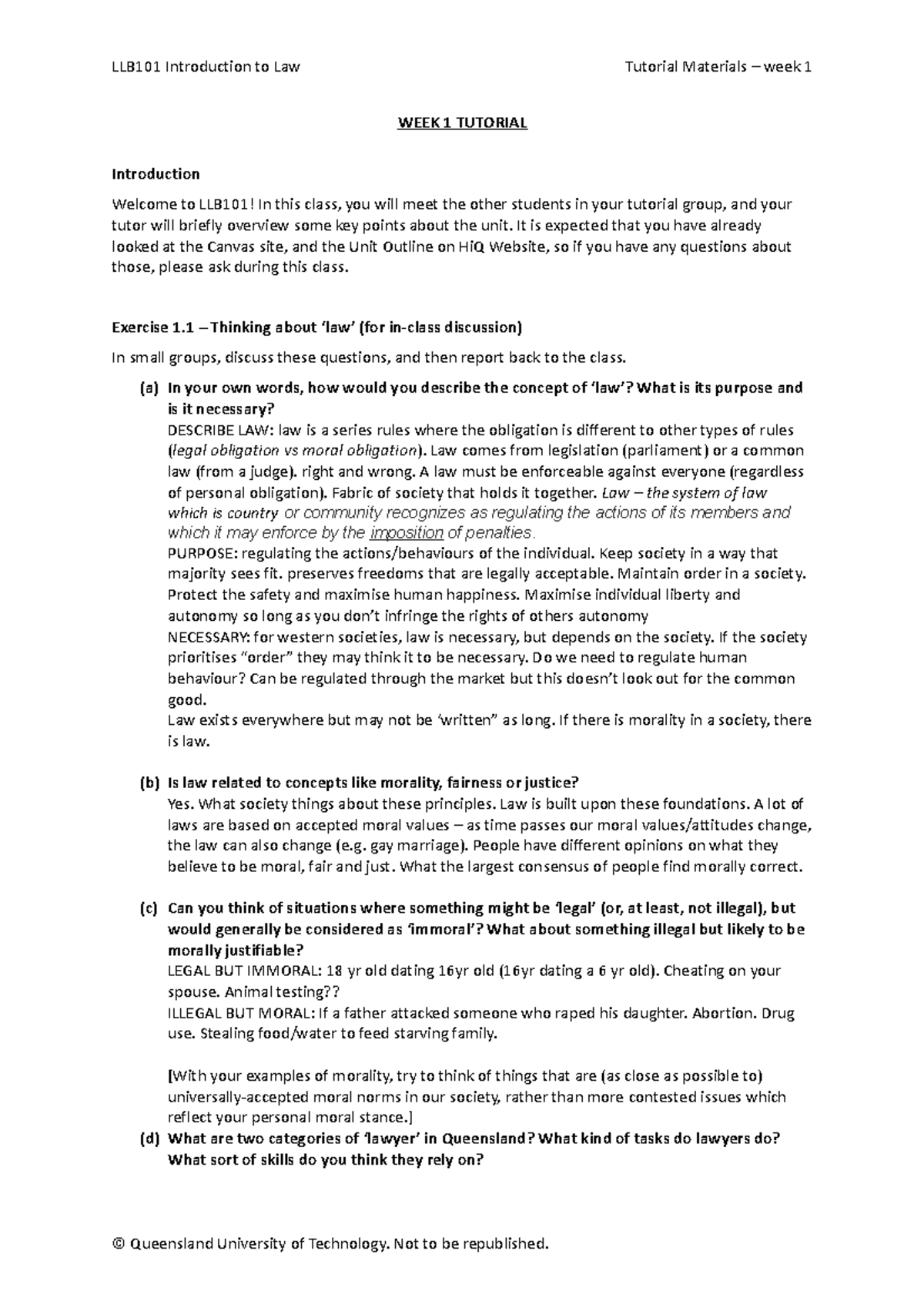 WEEK 1 Tutorial - LLB101 Introduction to Law Tutorial Materials – week 1 WEEK 1 TUTORIAL - Studocu